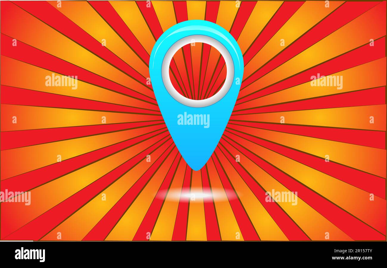 Big blue geolocation label on a background of abstract red rays. Vector ...