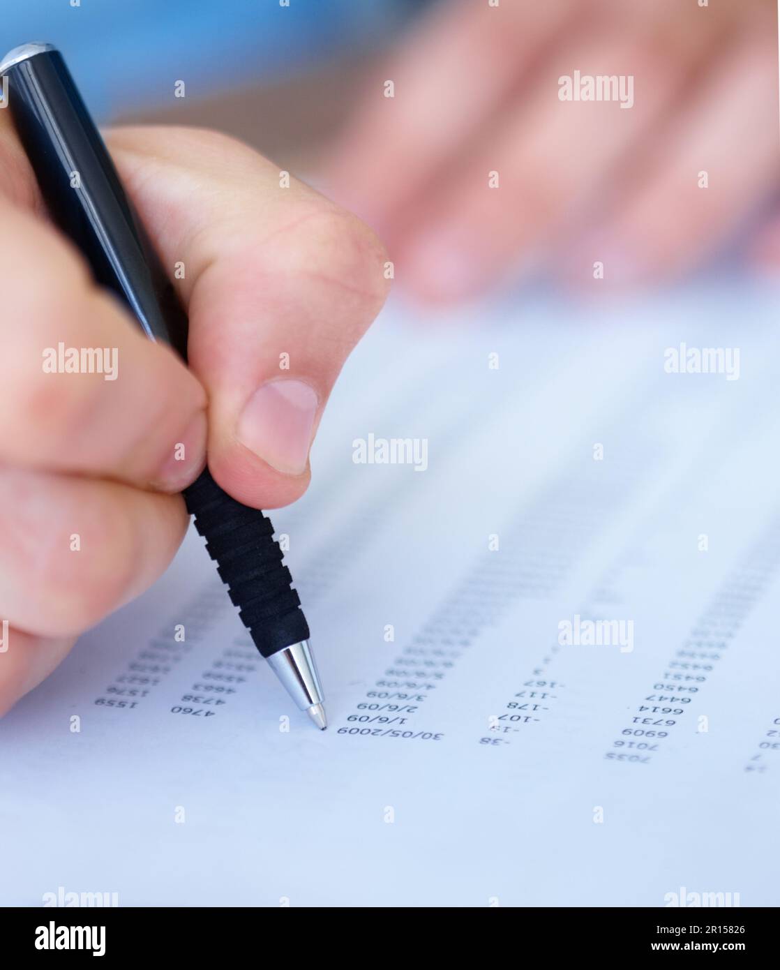 Person, hands and writing in finance, spreadsheet or checklist for ...