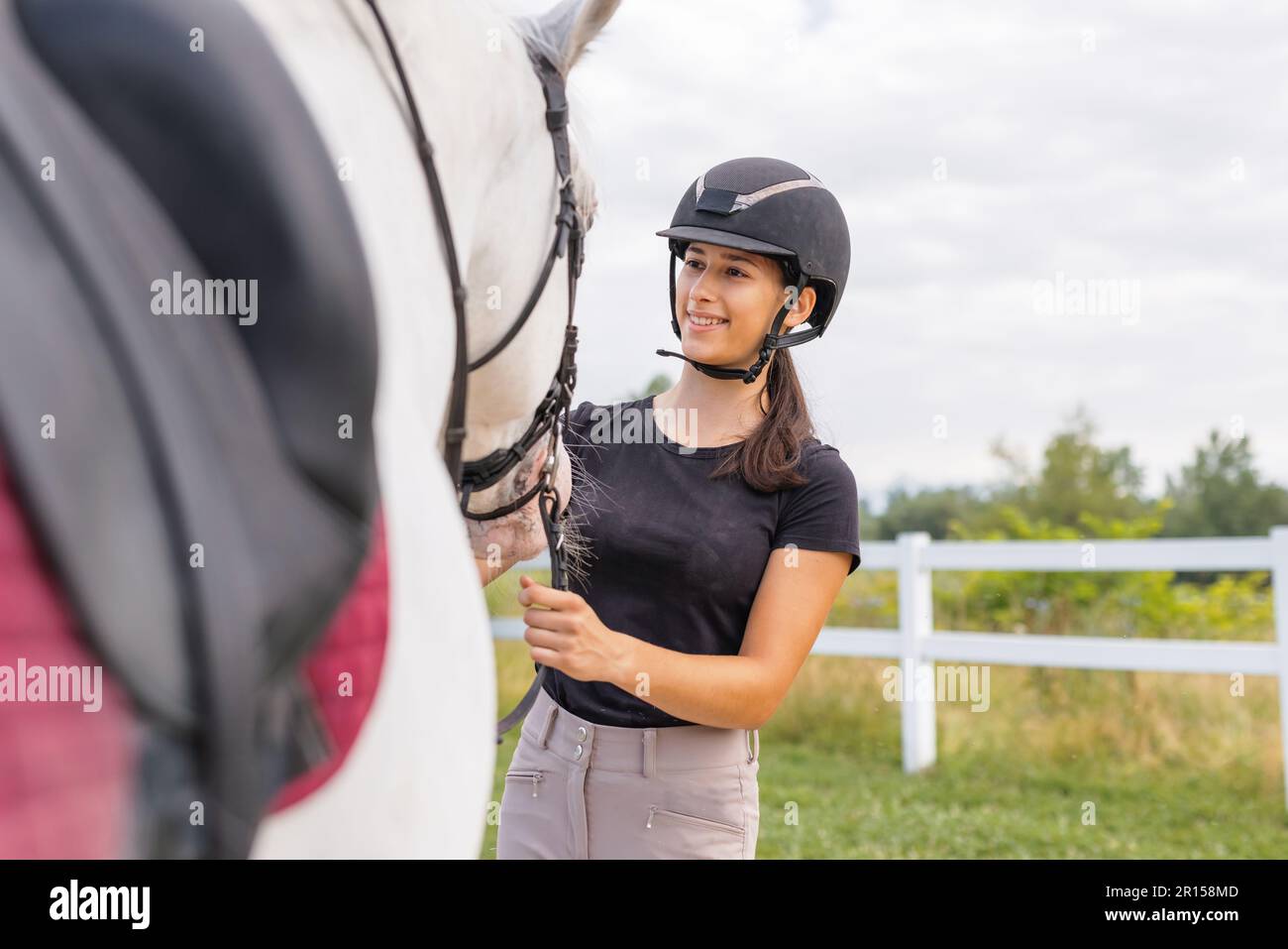 Woman with a black helmet stroking a beautiful chestnut horse head ...