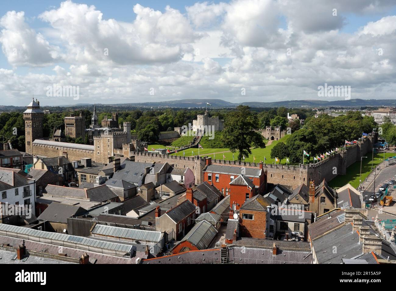 Panorama rooftop view, Cardiff Castle in Cardiff city centre, Wales UK ...