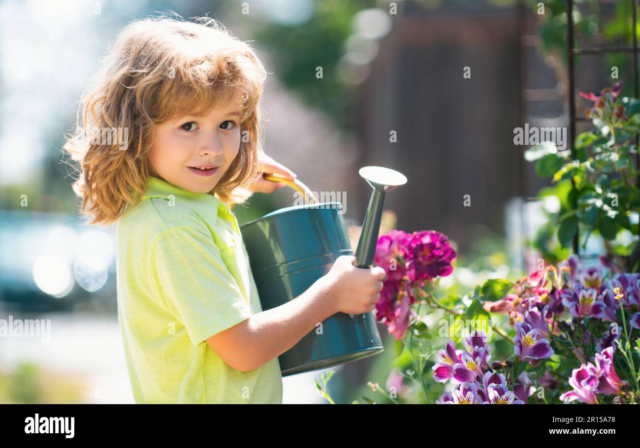 Child pouring water on the trees. Kid helps to care for the plants in ...