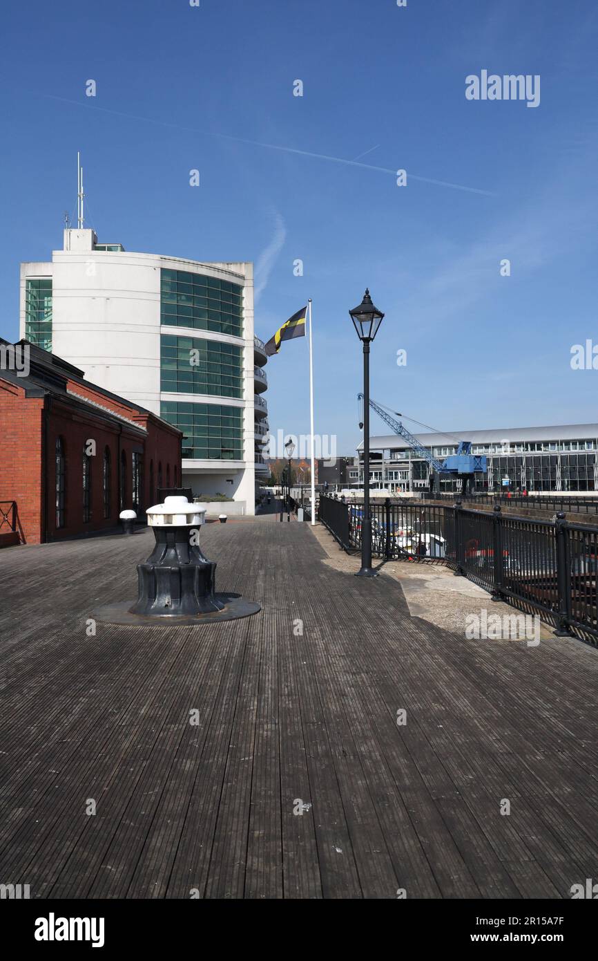 Waterside Buildings Cardiff Bay Dockland Wales. Capstan at graving dock ...