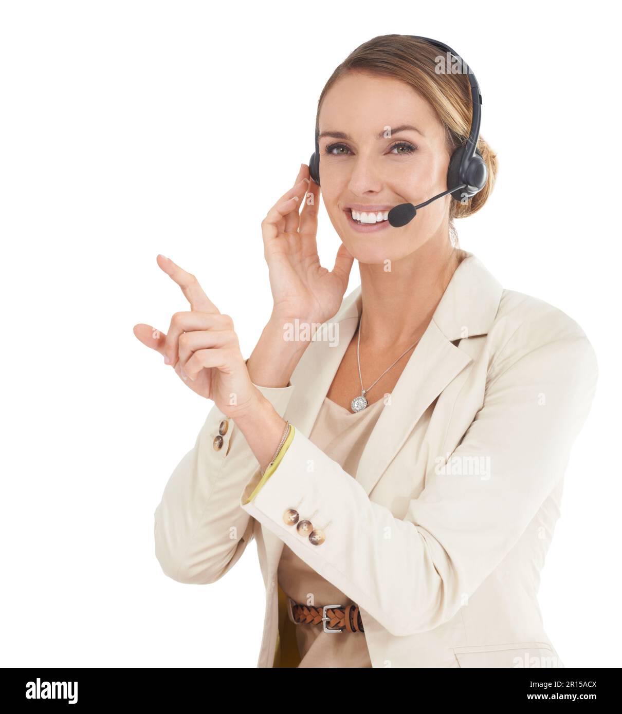 Call center, pointing and portrait of woman in studio for communication ...