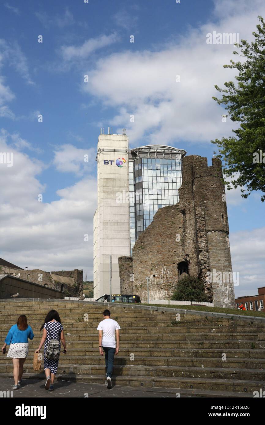 The Tall BT building towers above remains of Swansea castle Wales UK ...