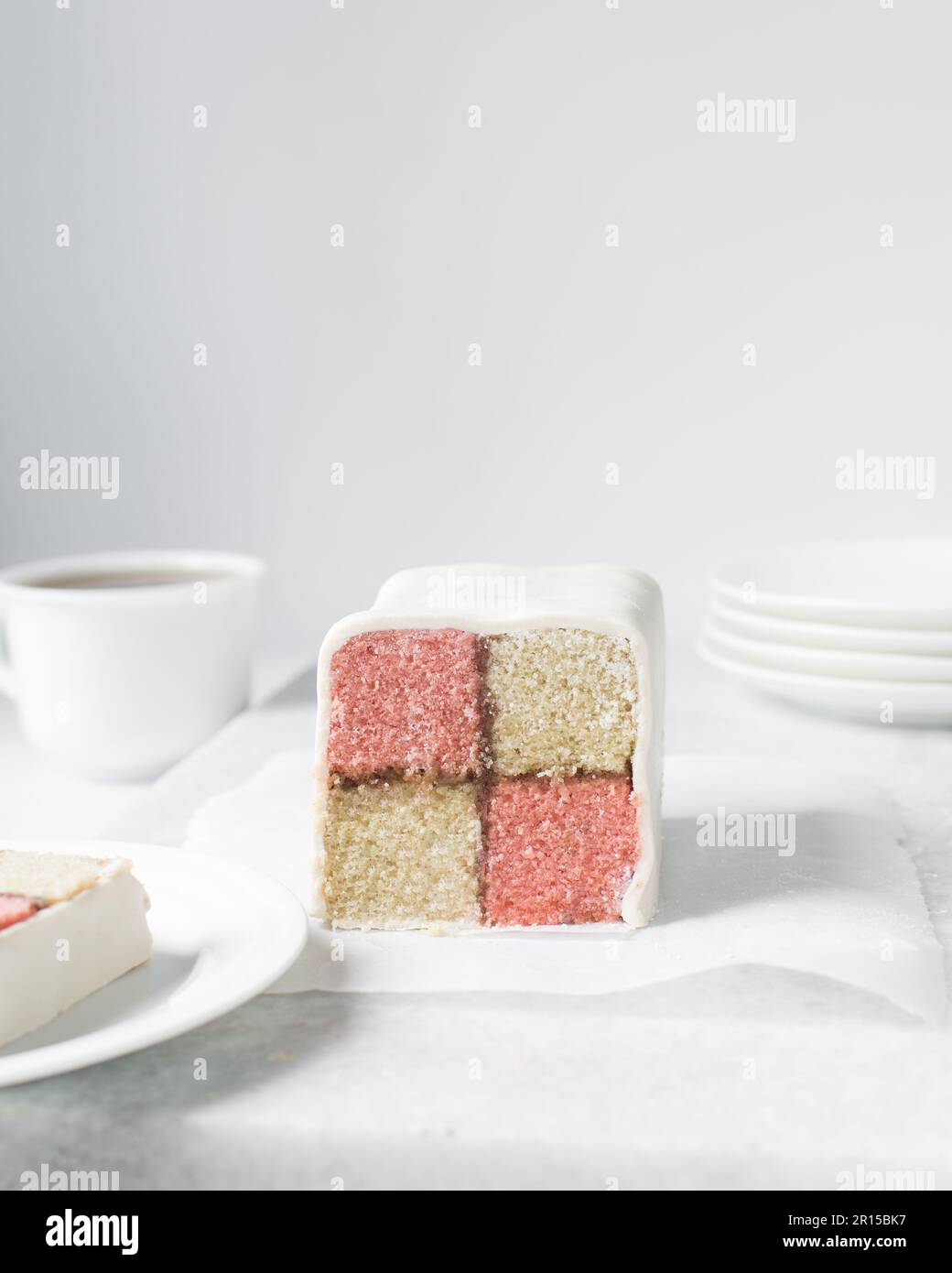 Battenburg cake on a white tray, almond and strawberry sponge cake ...
