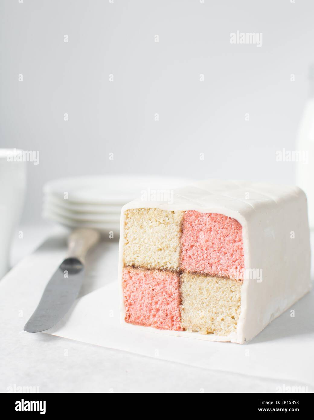 Battenburg cake on a white tray, almond and strawberry sponge cake ...
