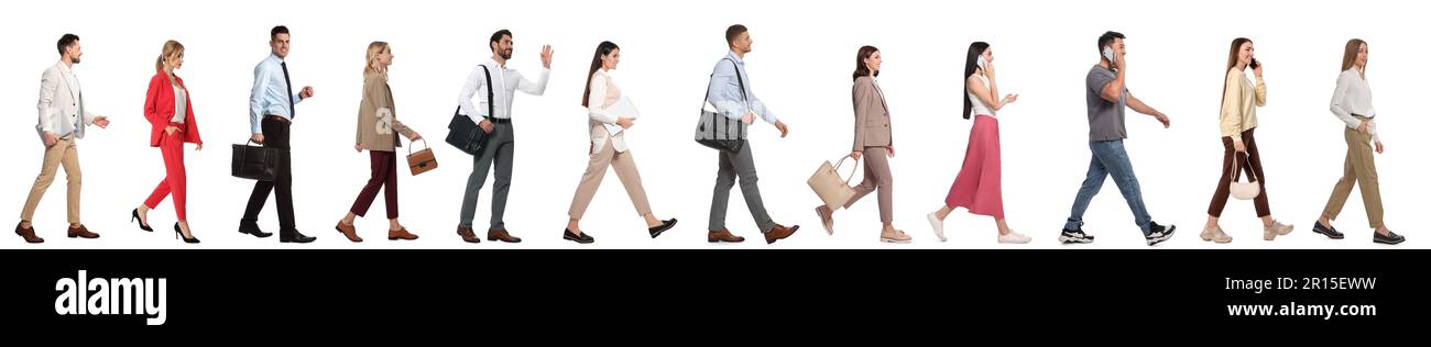 Collage with photos of people wearing stylish outfit walking on white ...