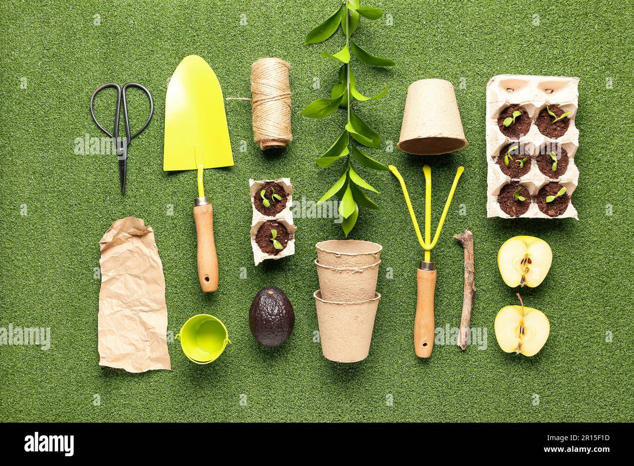 Cardboard boxes with seedlings, peat pots, fruits, and gardening tools ...