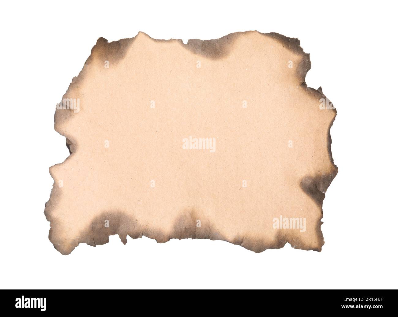Piece of brown paper with dark burnt borders on white background, top ...