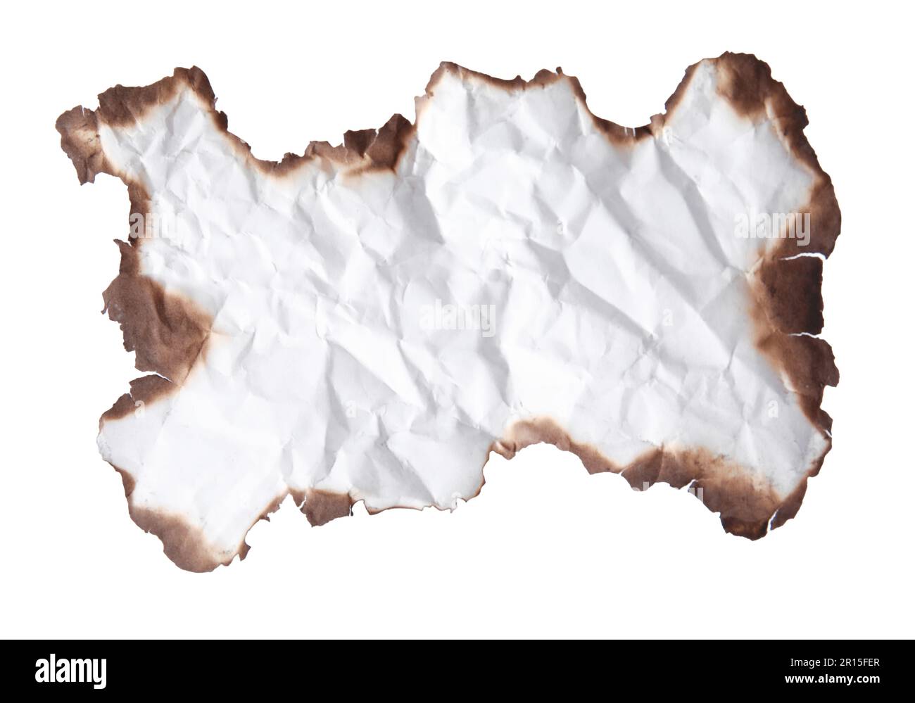 Piece of crumpled paper with dark burnt borders on white background ...