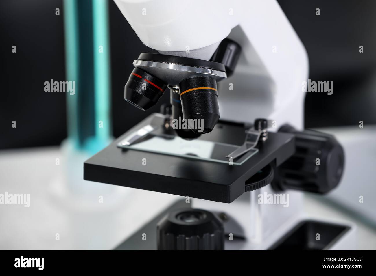 Modern microscope with glass slide in laboratory, closeup Stock Photo ...