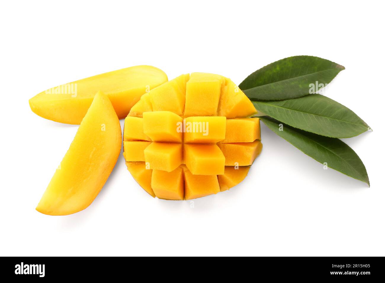 Fresh cut mango on white background Stock Photo - Alamy