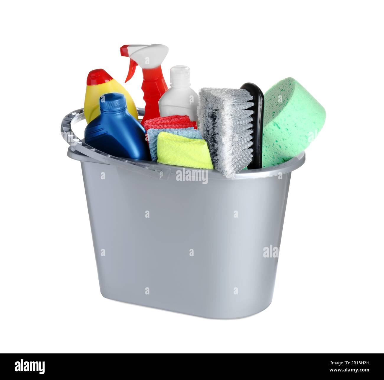 Grey bucket and many different car wash products on white background ...