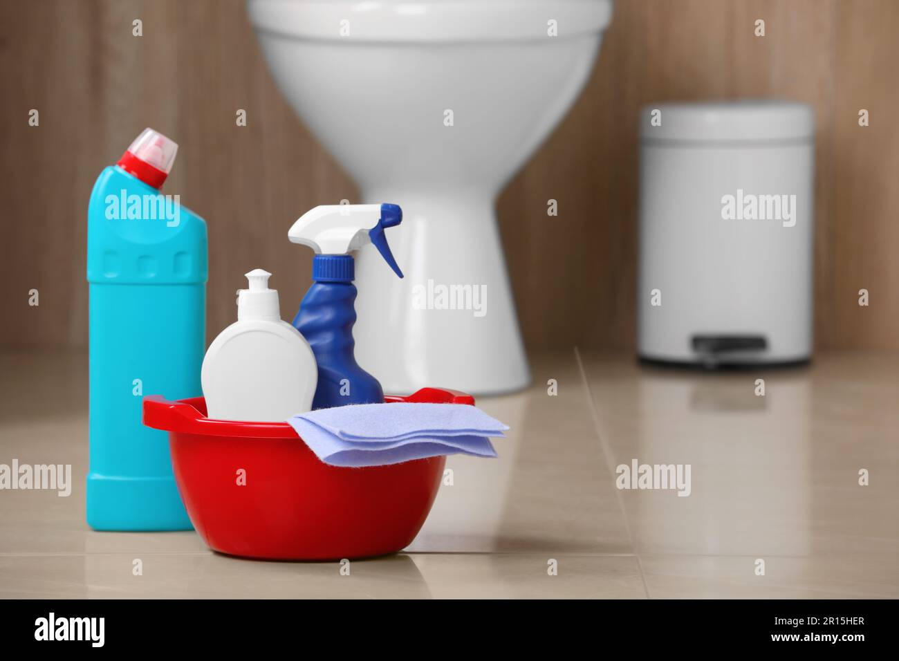 Different toilet cleaning supplies on floor indoors, space for text ...