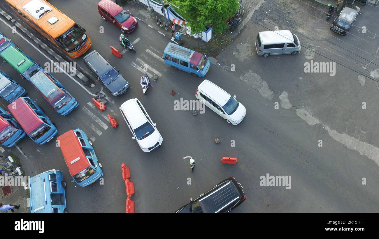 Aerial photo of a crossroads in the city, you can see the flow of ...