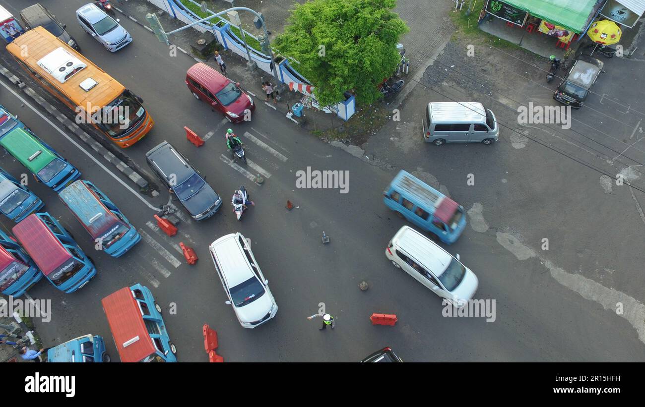 Aerial photo of a crossroads in the city, you can see the flow of ...