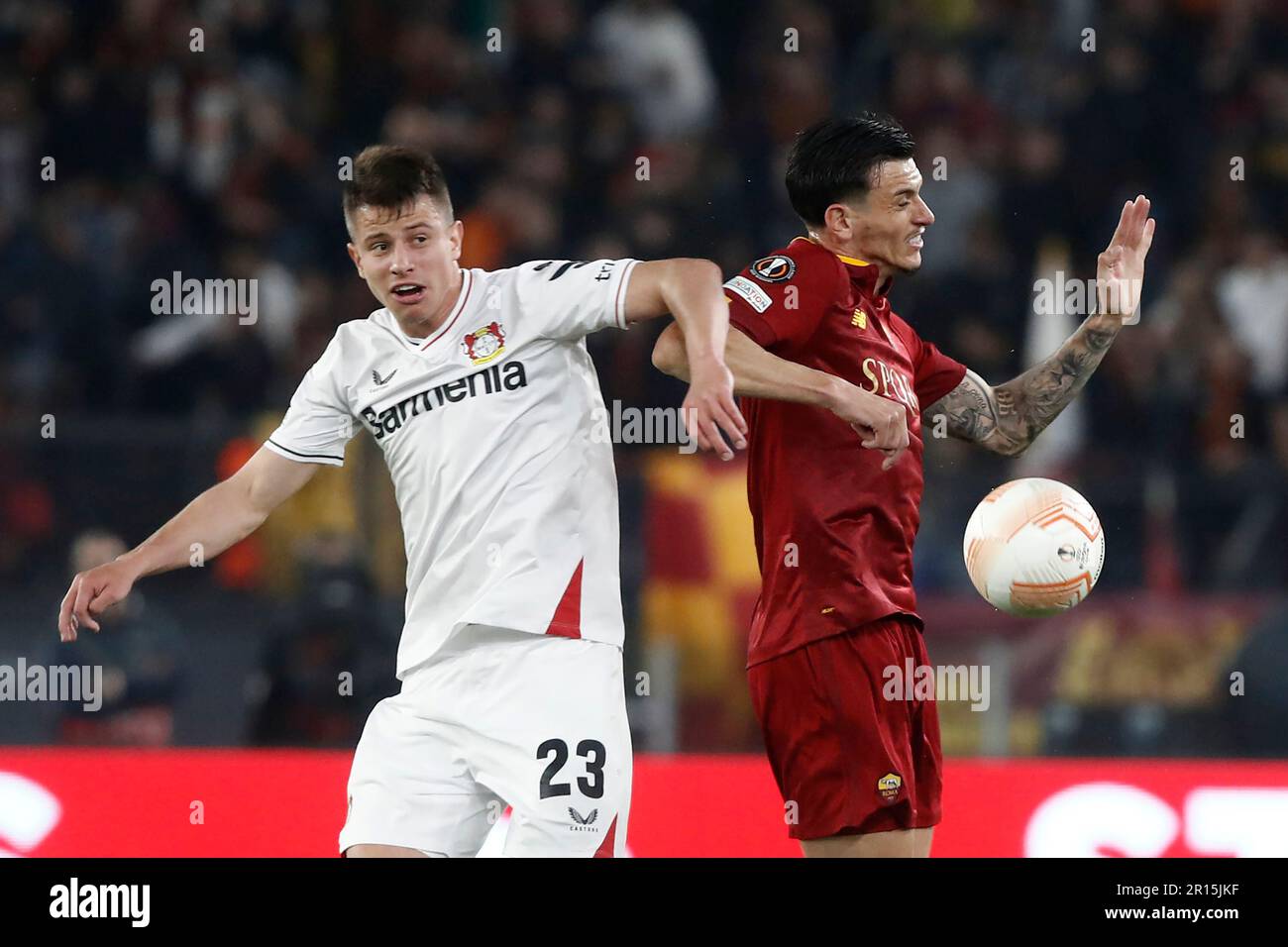 Rome, Italy. 11th May, 2023. Adam Hlozek, left, of Leverkusen, and ...