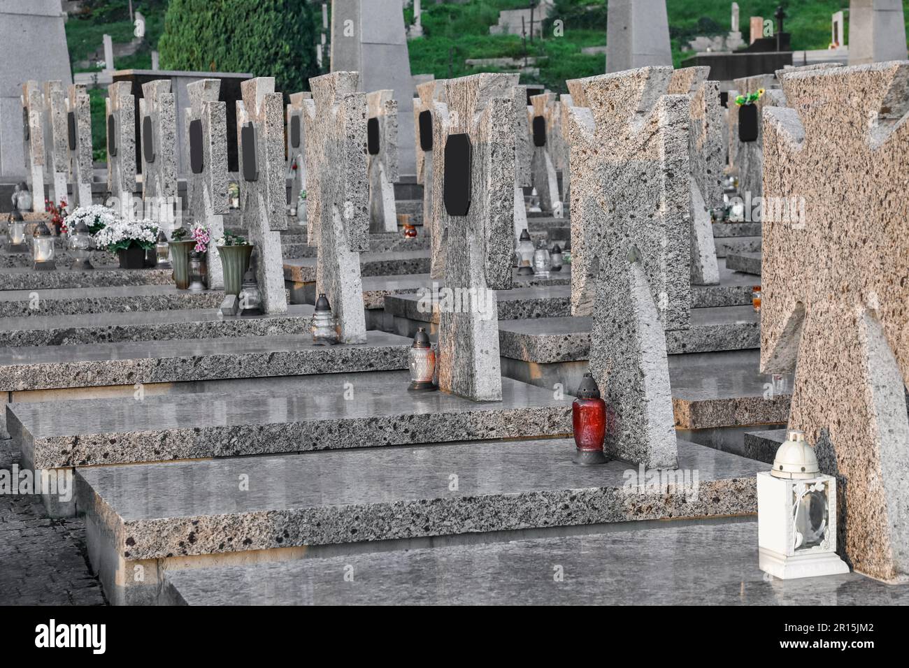 Many granite tombstones on cemetery. Funeral ceremony Stock Photo - Alamy
