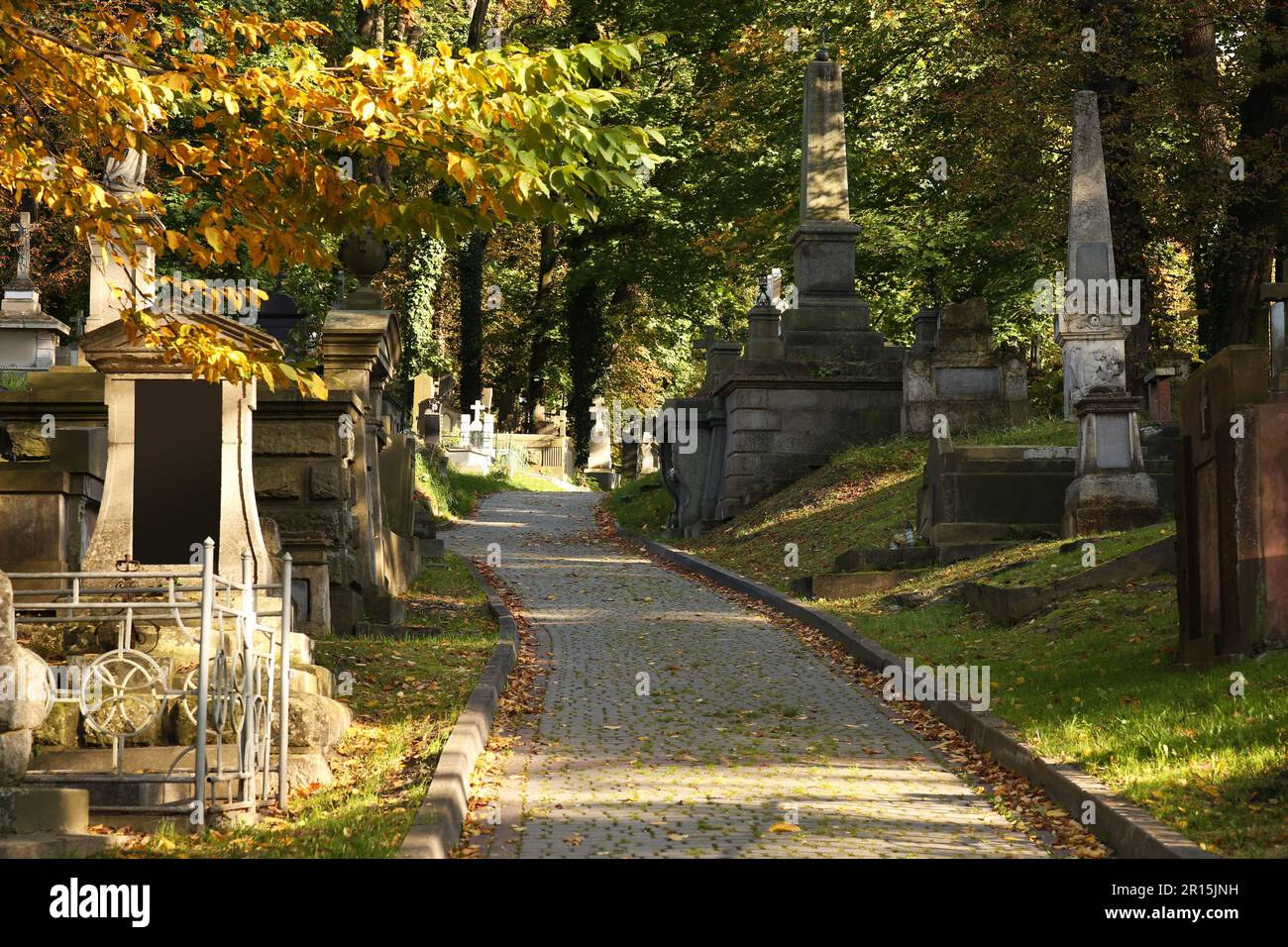 View of cemetery with granite tombstones and paved footpath on sunny ...