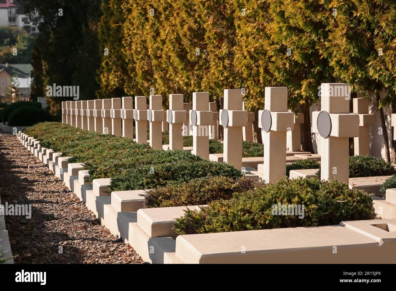 Many granite tombstones at cemetery. Religious tradition Stock Photo ...