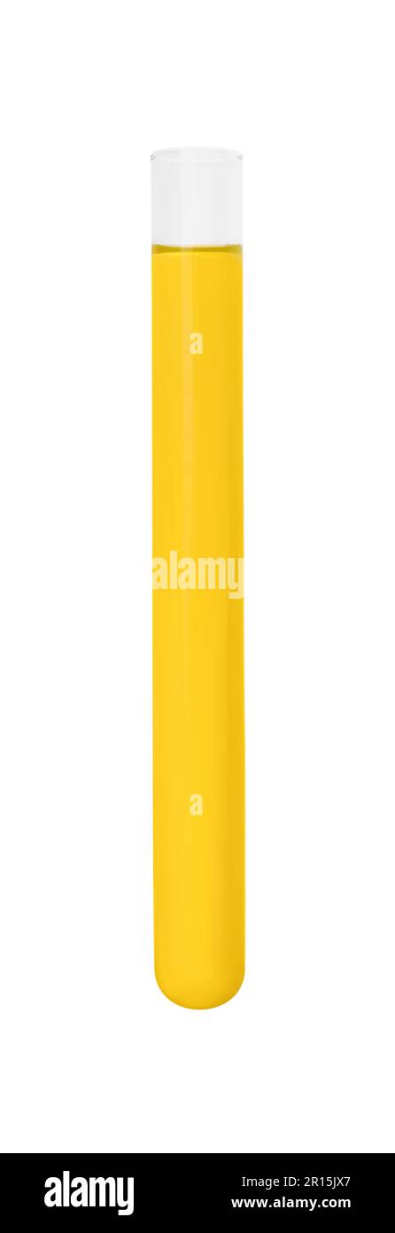Test tube with yellow liquid isolated on white Stock Photo - Alamy
