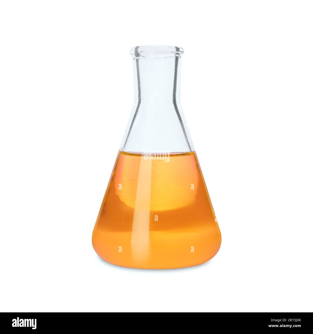 Glass flask with orange liquid isolated on white Stock Photo - Alamy
