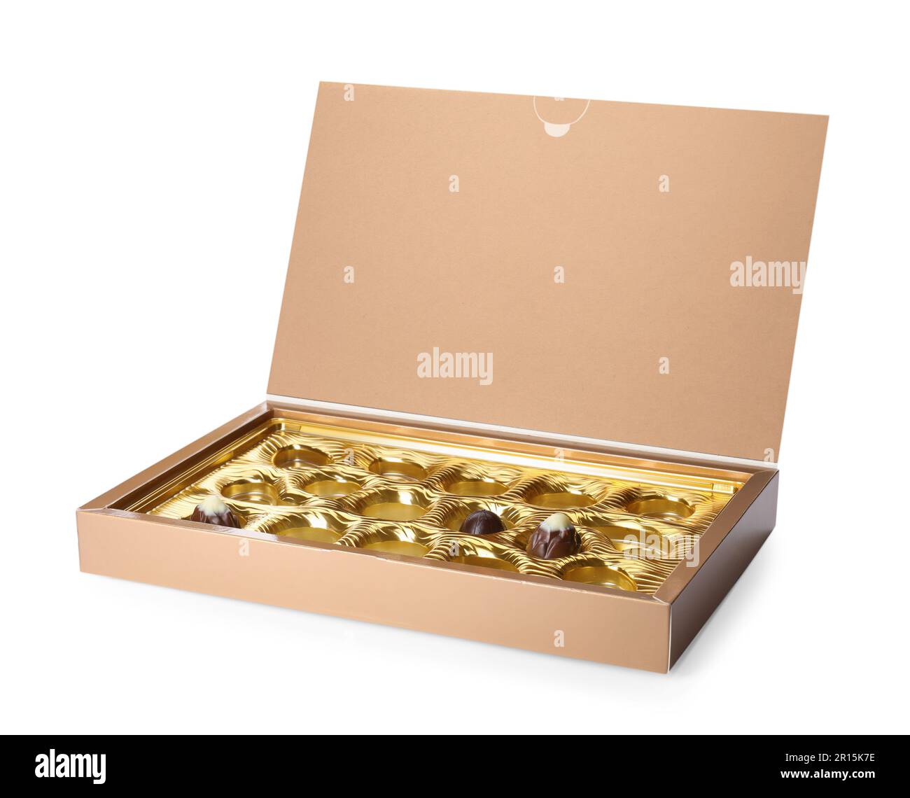 Partially empty box of chocolate candies isolated on white Stock Photo ...