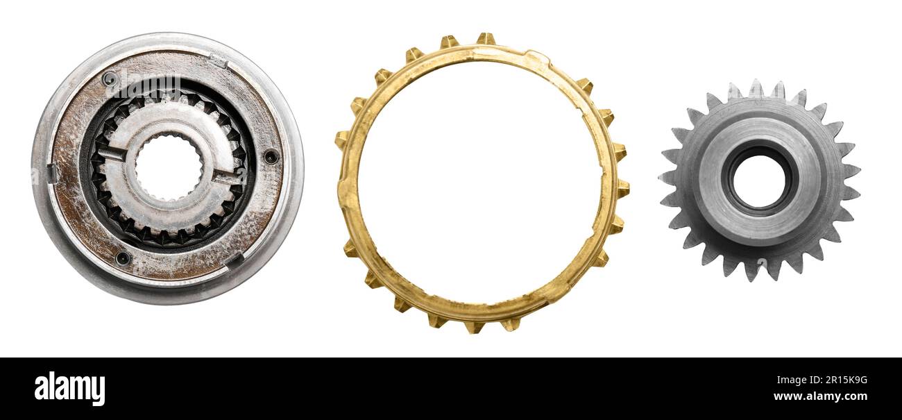 Set with different stainless steel gears on white background, top view ...