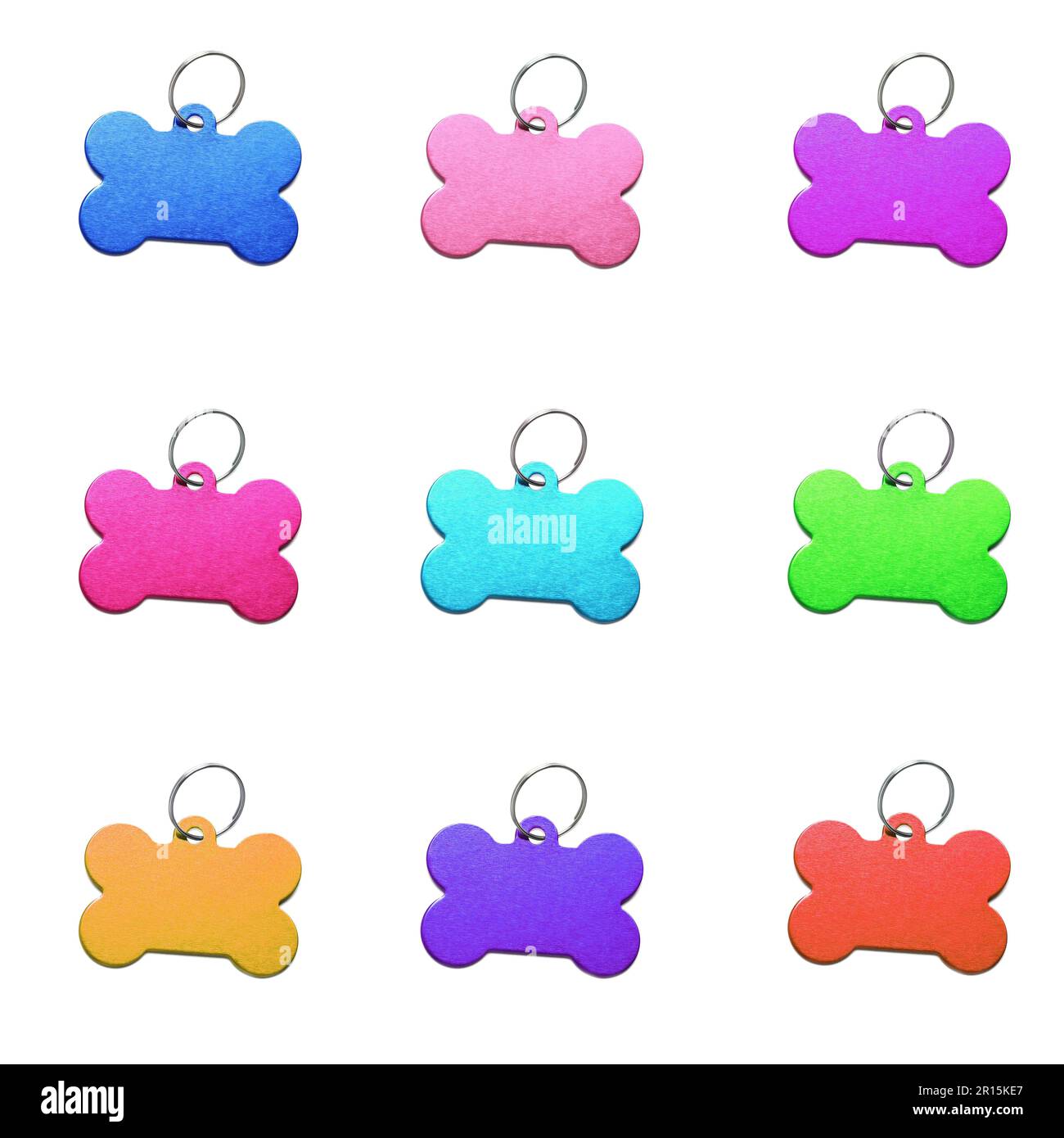 Set with multicolor bone shaped dog tags on white background Stock ...