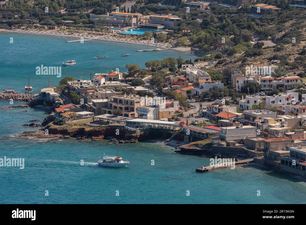 Plaka, Elounda, Crete, Greece. 2023. Overview of the resort of Plaka ...
