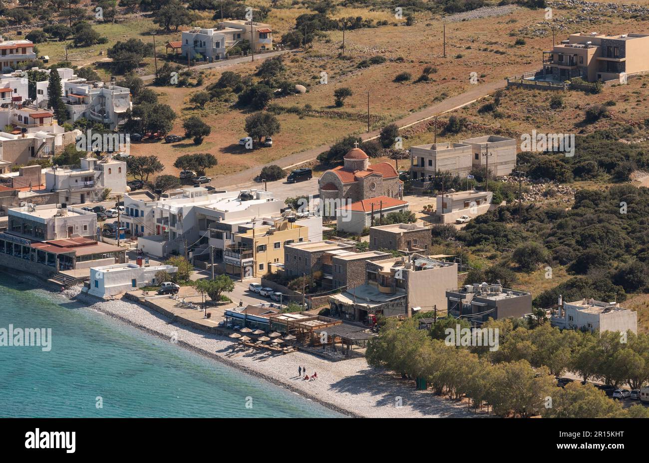 Plaka, Elounda, Crete, Greece. 2023. The beach and centre of the small ...