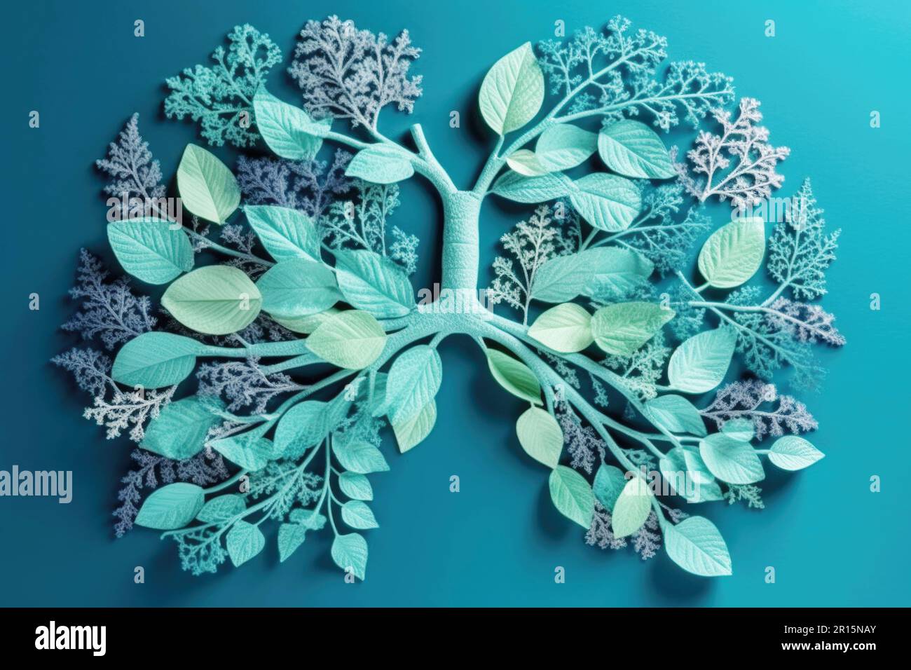 Human lungs from green leaves, blue background copy space. Healthy ...