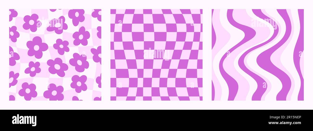 Groovy Seamless Patterns Set with Waves, Daisy Flowers and Checkerboard ...