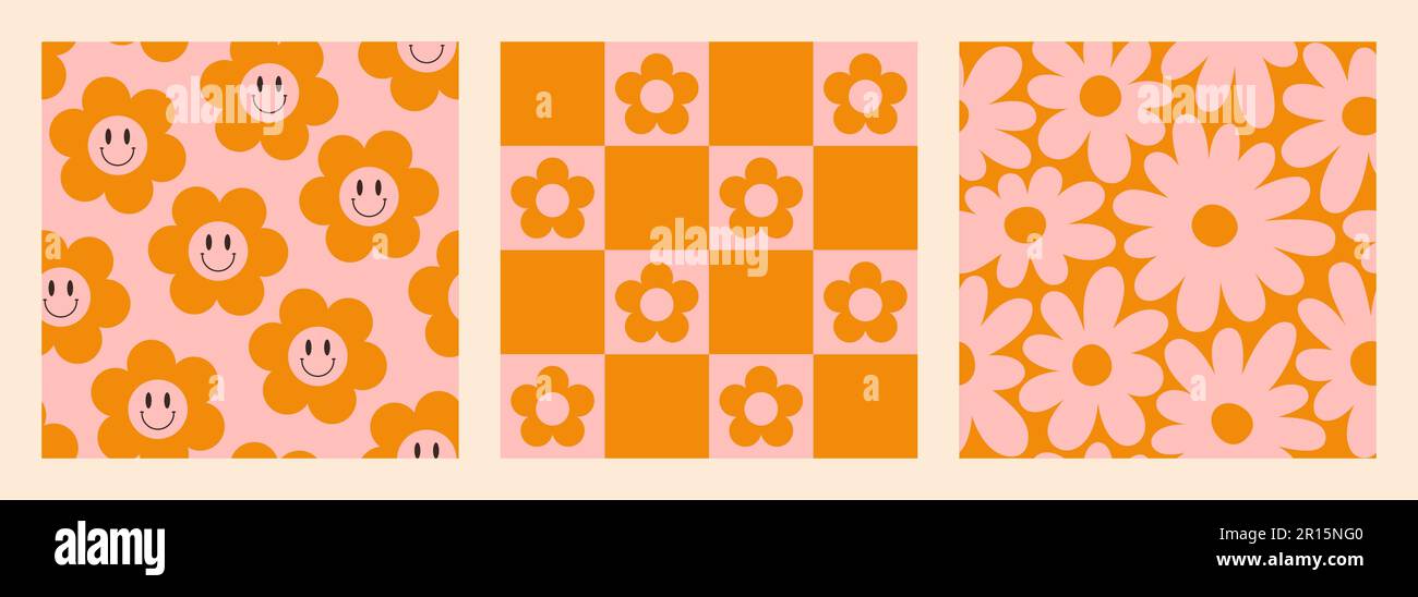 Groovy Seamless Patterns Set with Checkerboard and Daisy Flowers ...