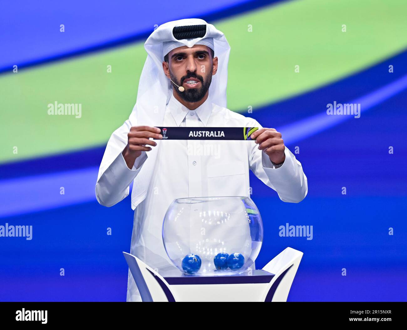 Doha. 11th May, 2023. Qatari footballer Hassan al-Haydos displays the ...