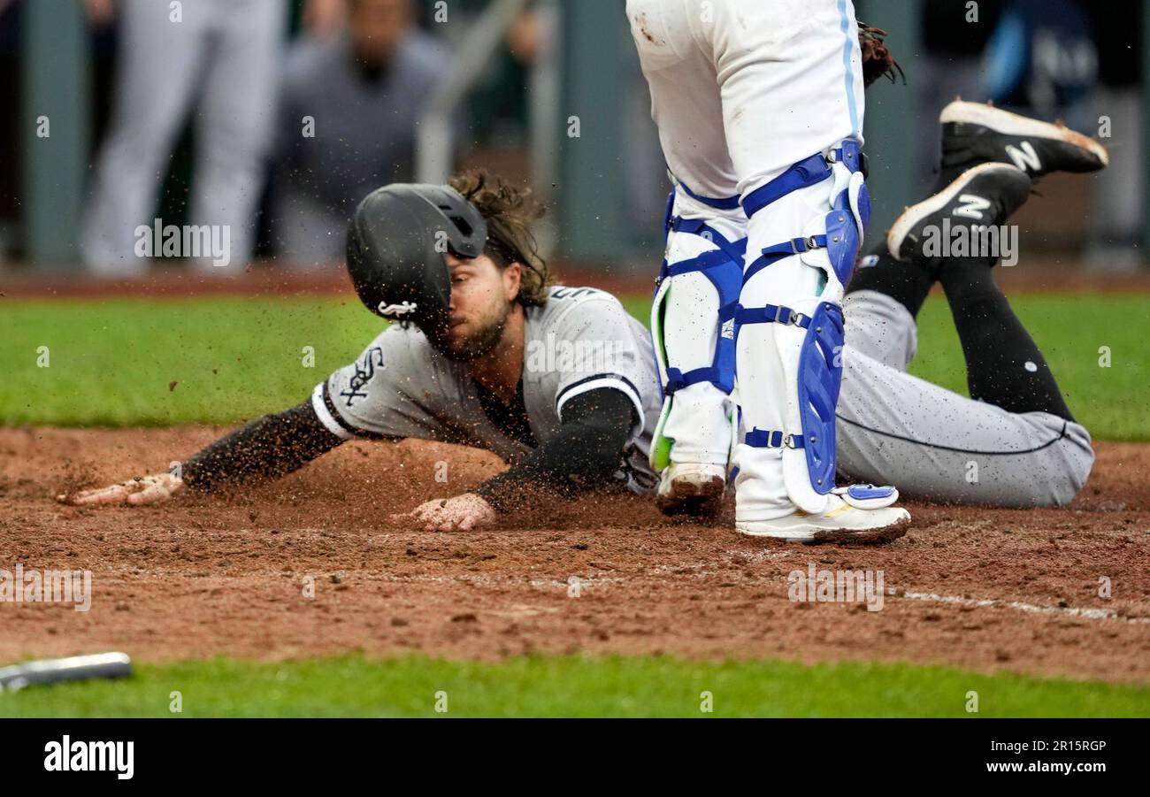 Kansas City, US, MAY 11, 2023: Minnesota Twins starting pitcher Joe Ryan (41) is safe at the ...
