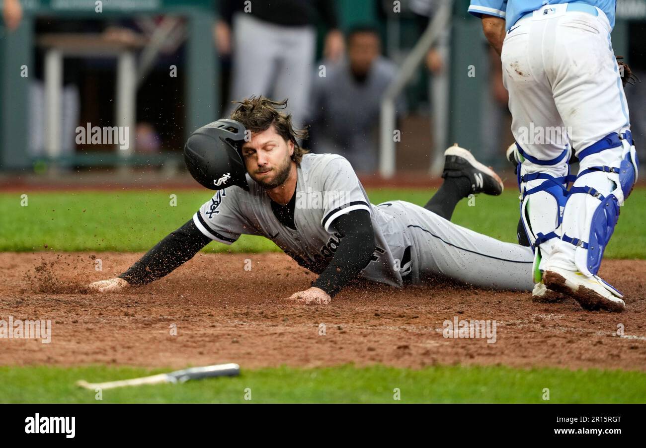 Kansas City, US, MAY 11, 2023: Minnesota Twins starting pitcher Joe Ryan (41) slides head first ...