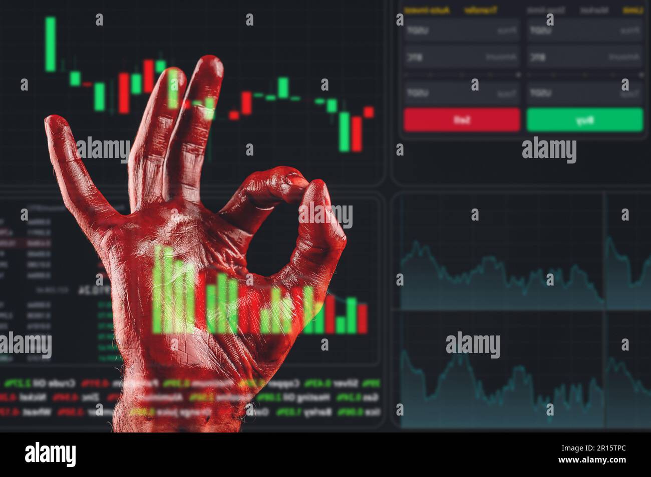 Close-up of a male hand showing an ok sign, covered in blood. financial ...