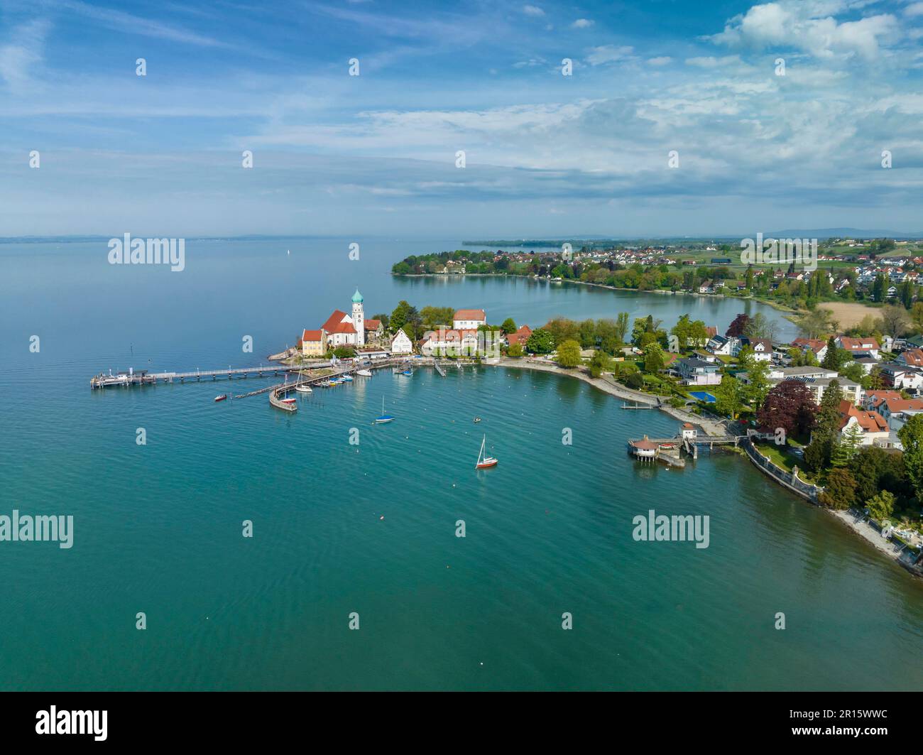 Aerial view of the moated castle peninsula on Lake Constance with the ...