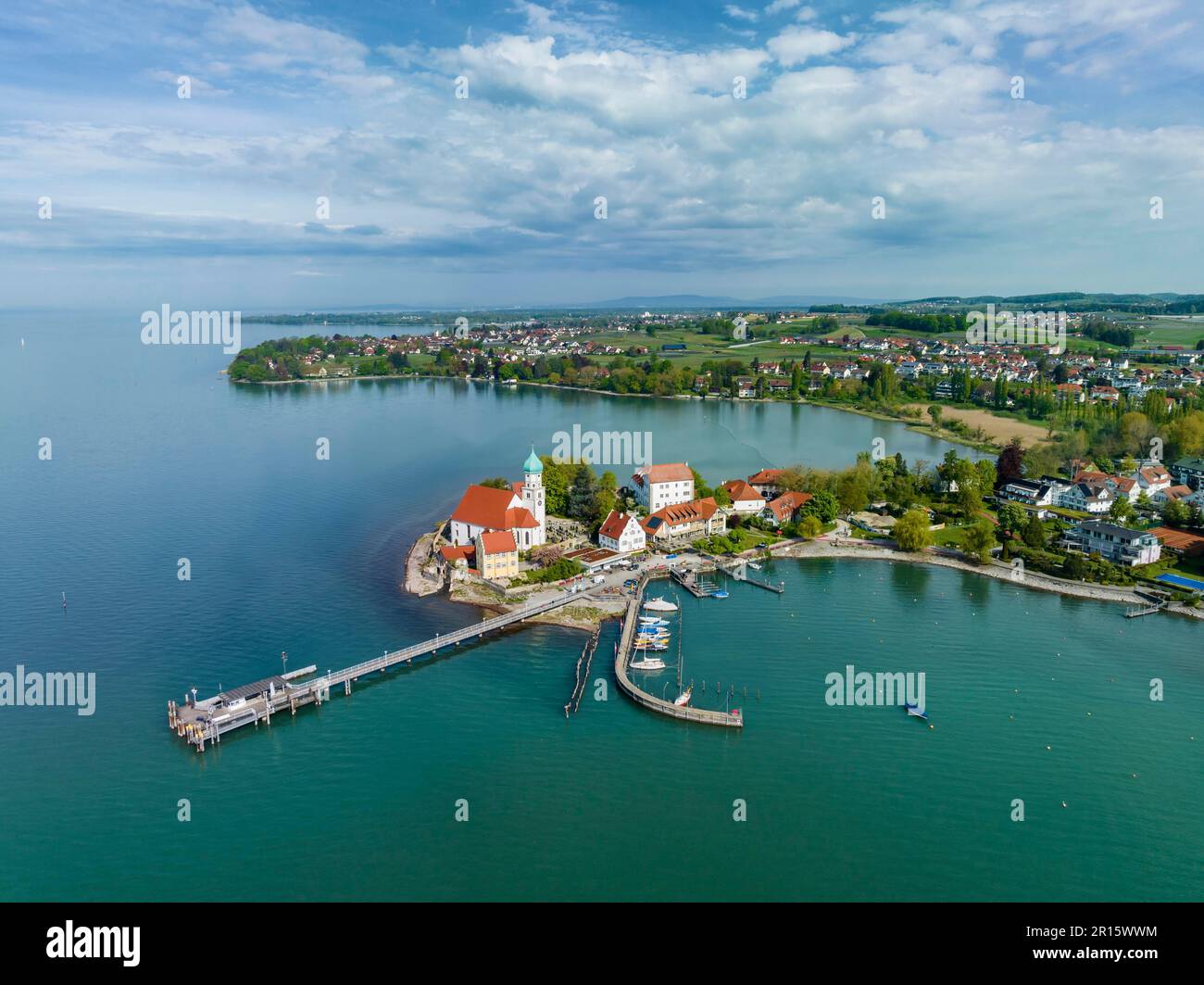 Aerial view of the moated castle peninsula on Lake Constance with the ...