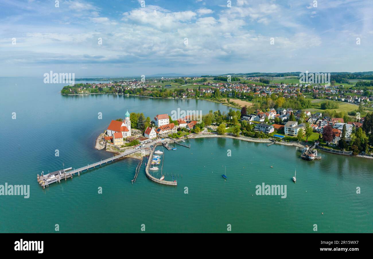 Aerial view of the moated castle peninsula on Lake Constance with the ...