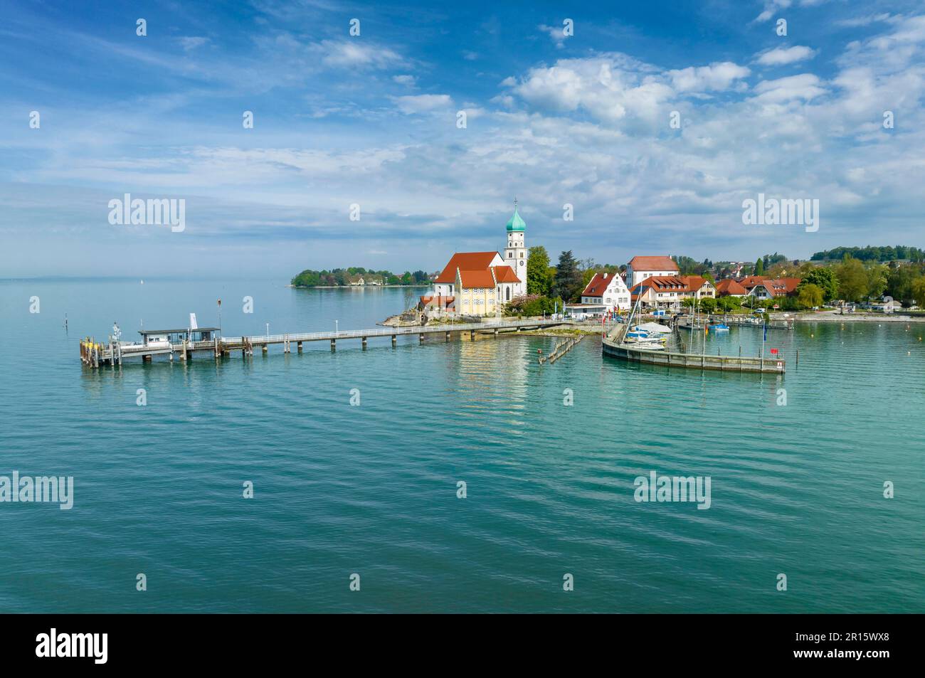Aerial view of the moated castle peninsula on Lake Constance with the ...