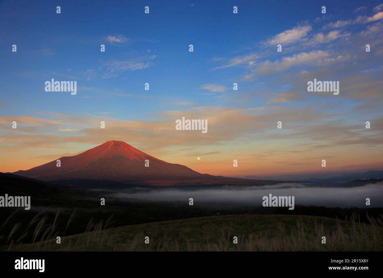 Red Mt. Fuji and the moon Stock Photo - Alamy