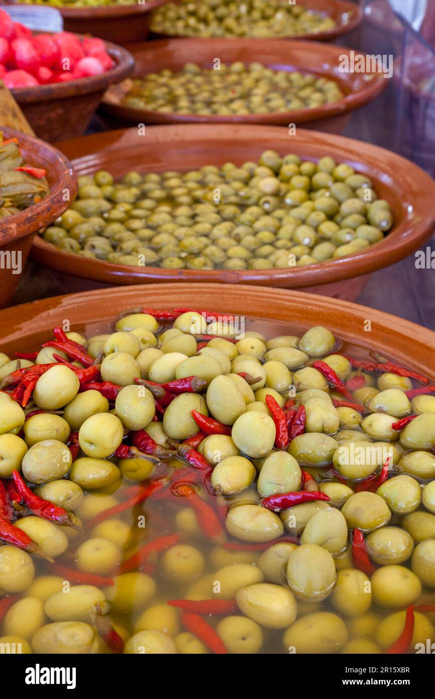 Sale of pickled olives, Majorca Stock Photo - Alamy