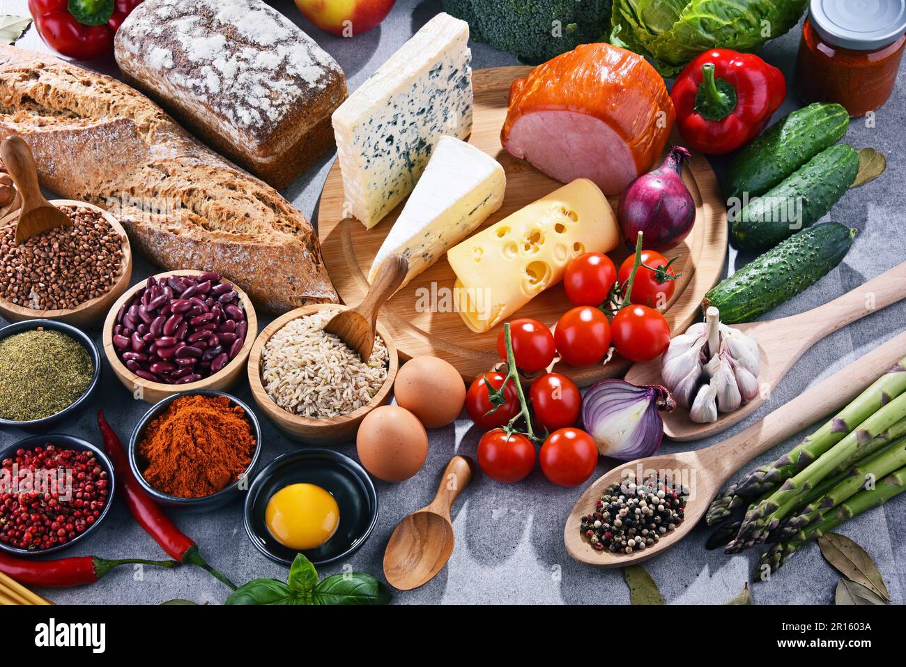 Composition with assorted organic food products on the table Stock ...