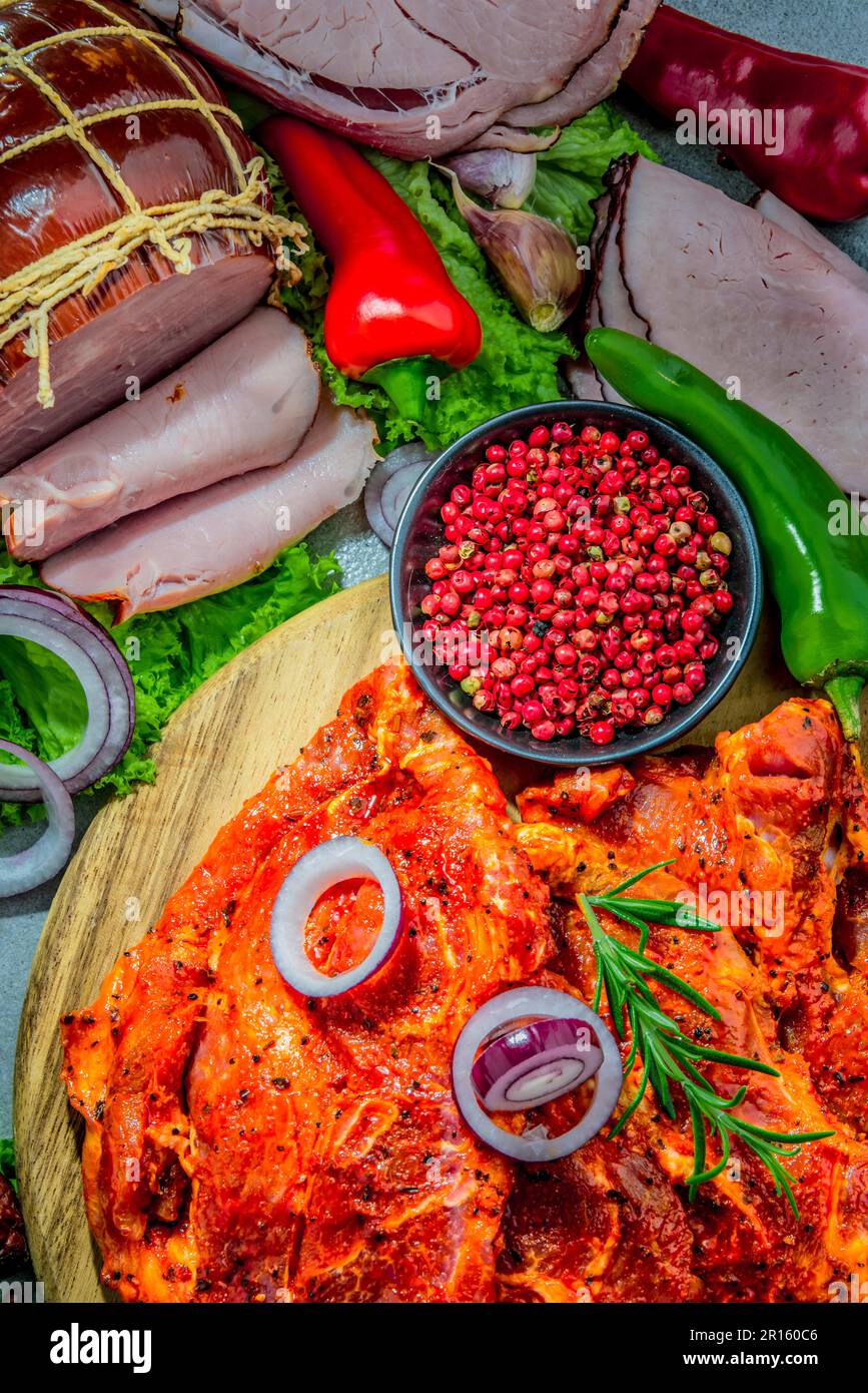 Composition with assorted meat products including ham, sausage and ...