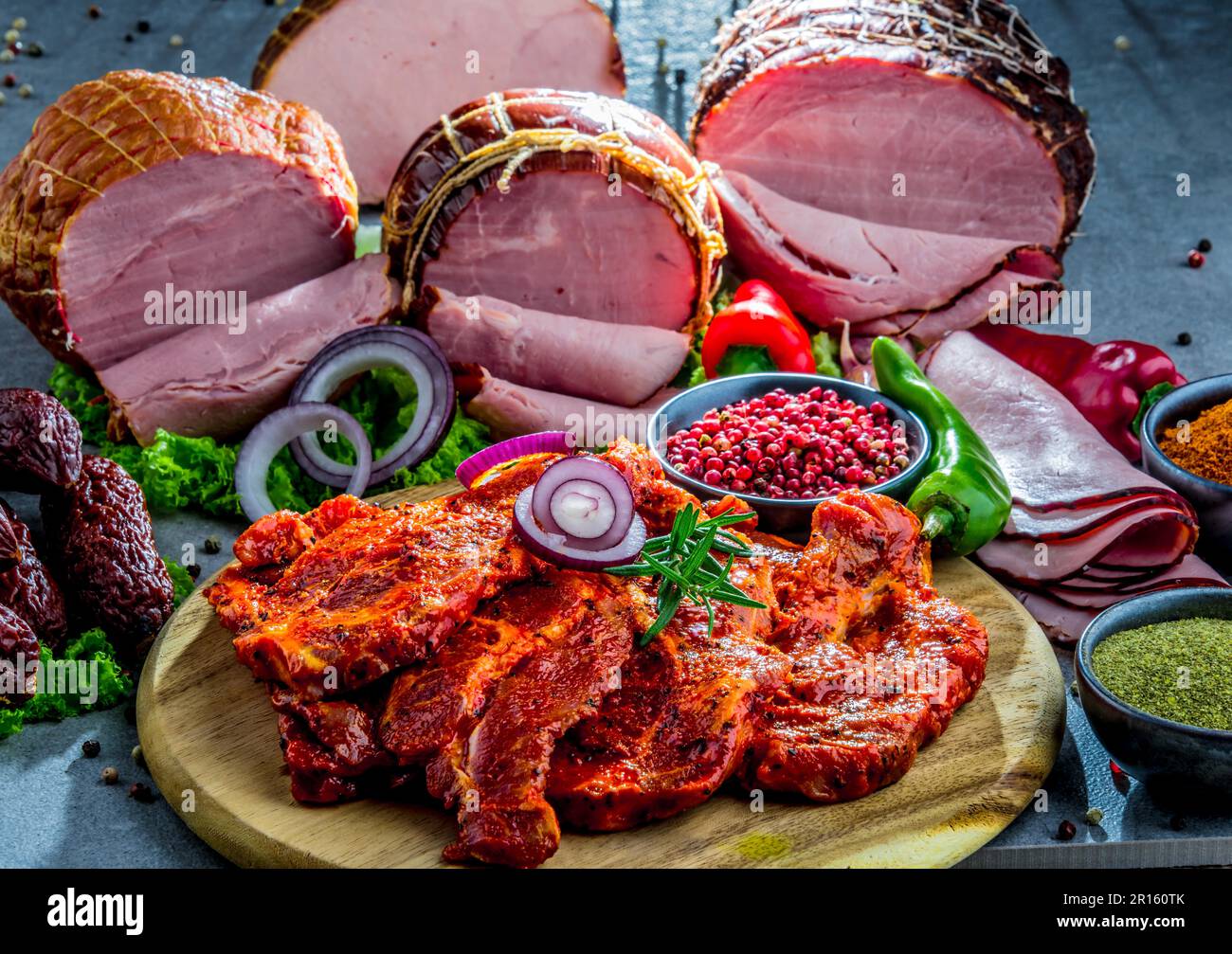 Composition with assorted meat products including ham, sausage and ...