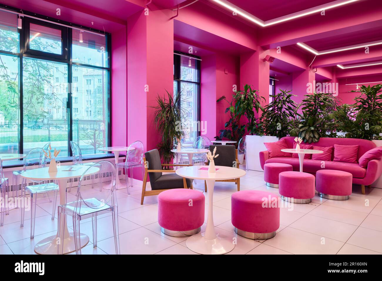 Modern pink interior with lots of plants Stock Photo - Alamy