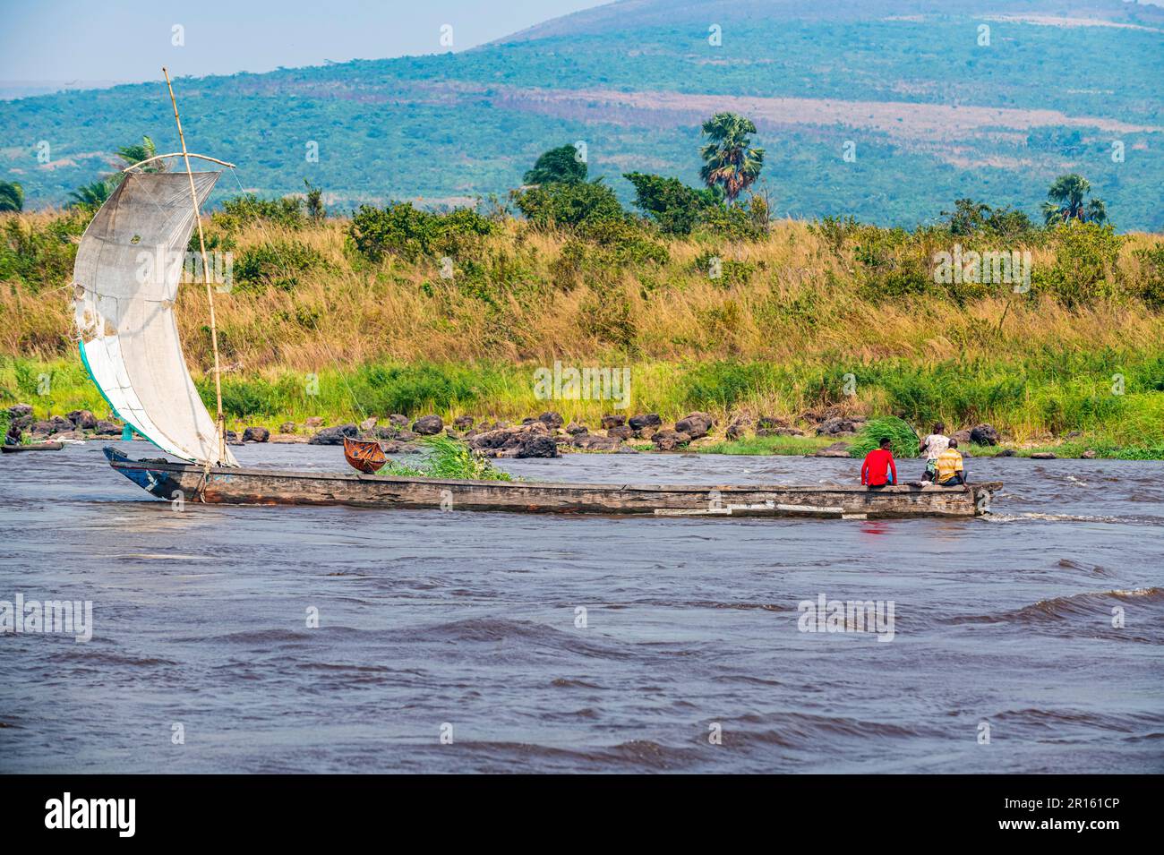 Traditional sailing boat on the Congo river, Republic of Congo Stock ...
