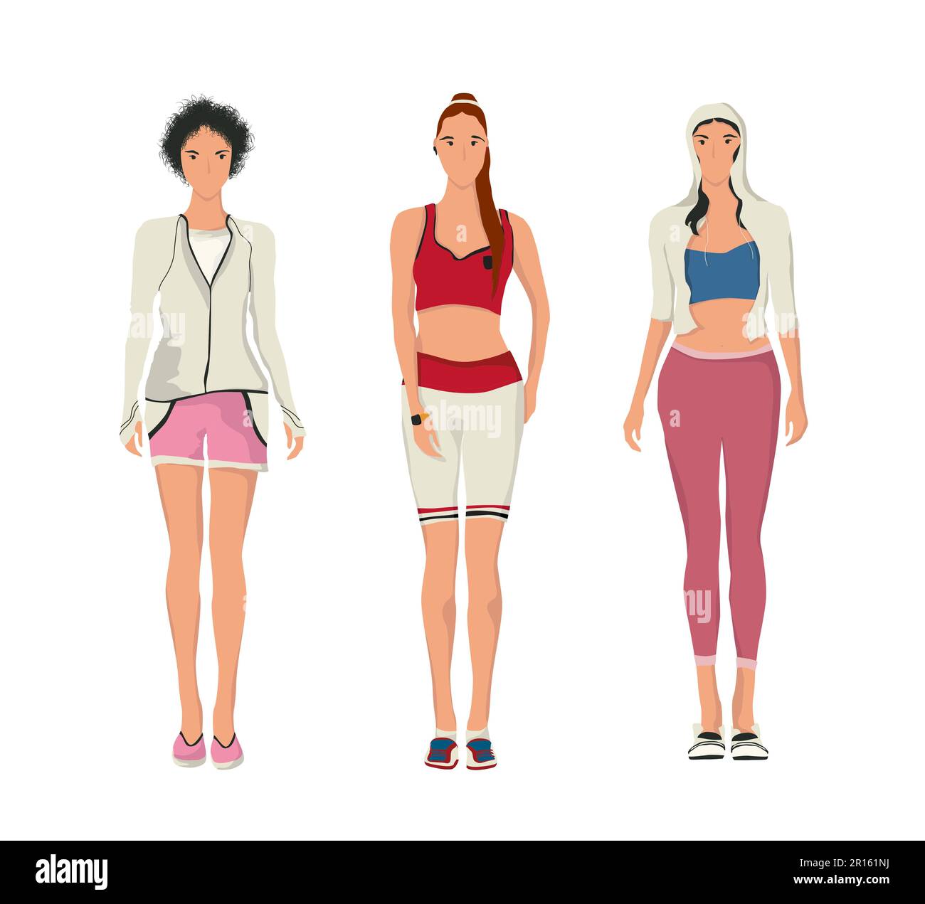 Set of stylish young women dressed in sports, activity, fitness clothes ...